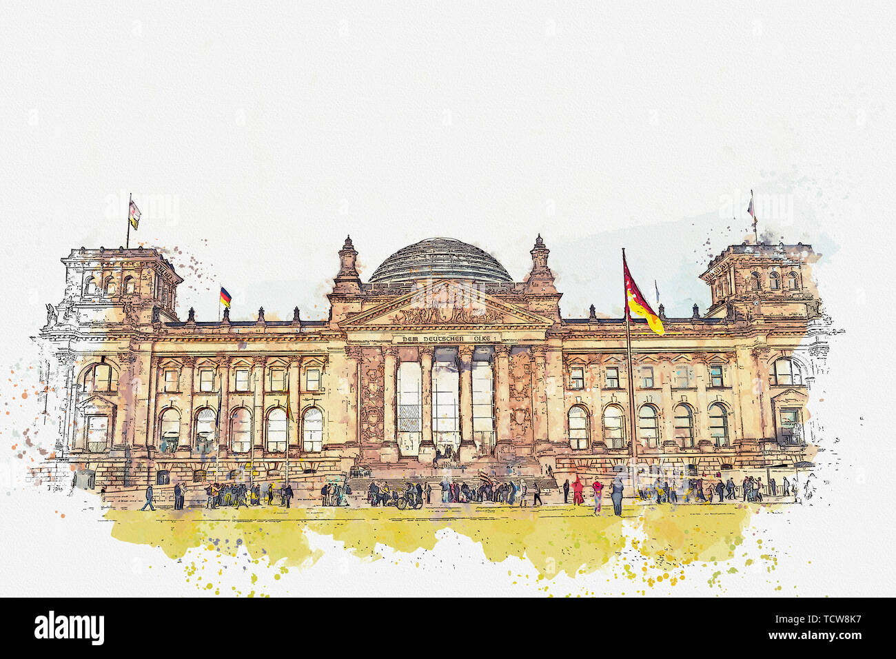 Watercolor sketch or illustration of a beautiful view of the Reichstag ...