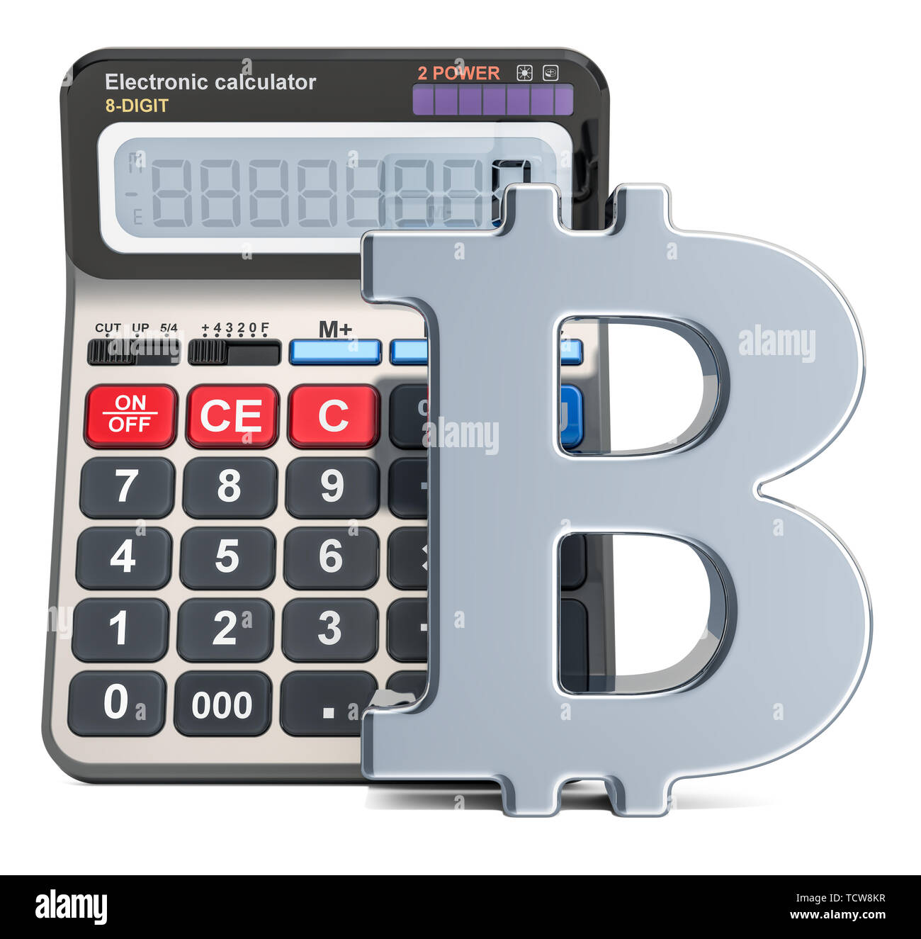 Calculator with bitcoin symbol, 3D rendering isolated on white ...