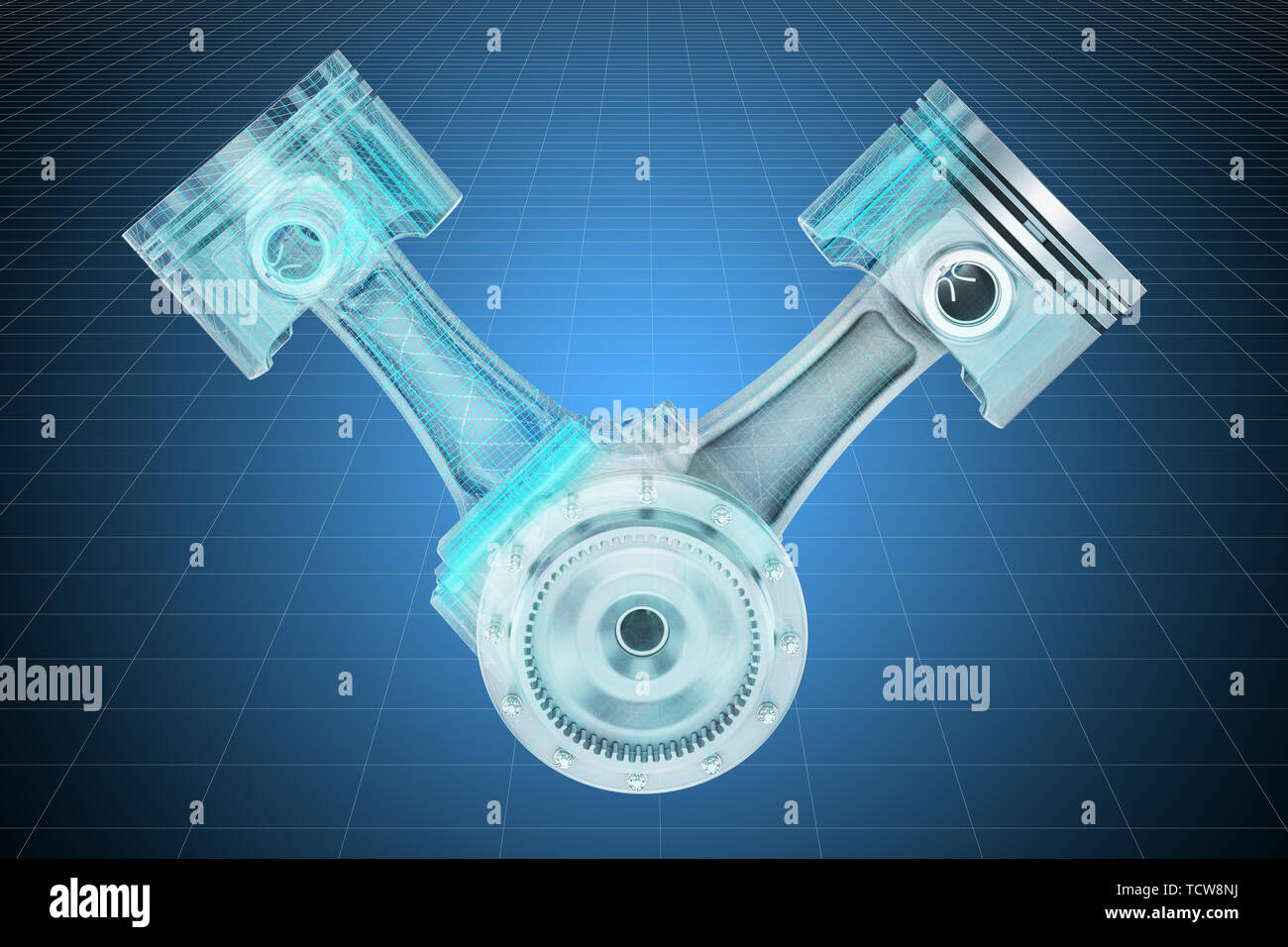 Visualization 3d cad model of V2 engine pistons, blueprint. 3D ...