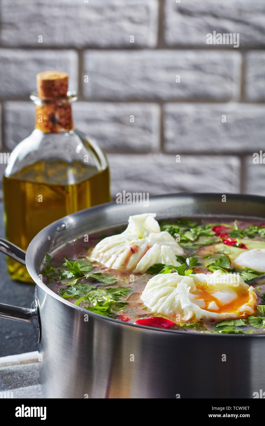 hot mexican spicy red kidney Bean Soup with poached eggs and cilantro ...