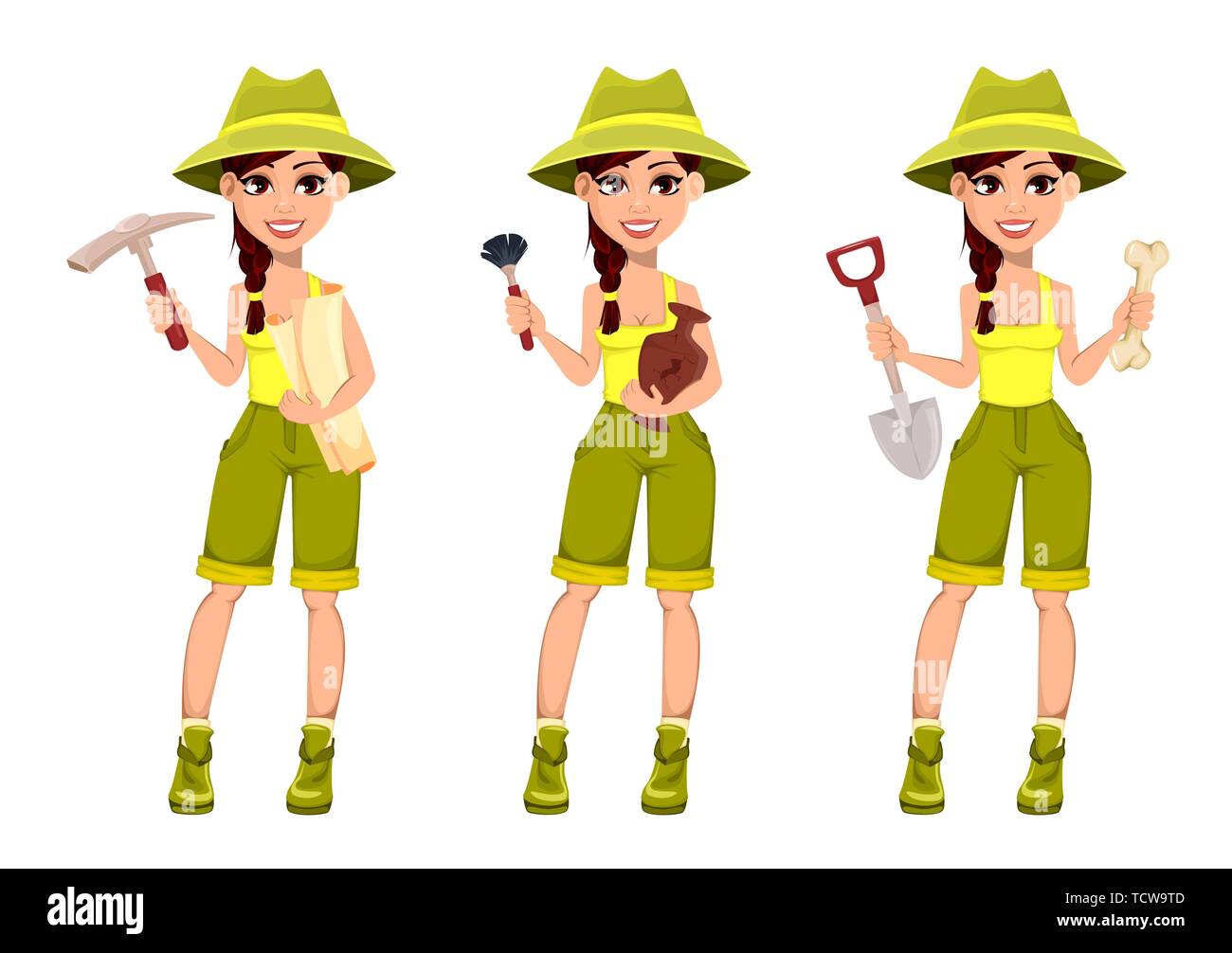 Beautiful woman archaeologist, set of three poses. Cute cartoon ...