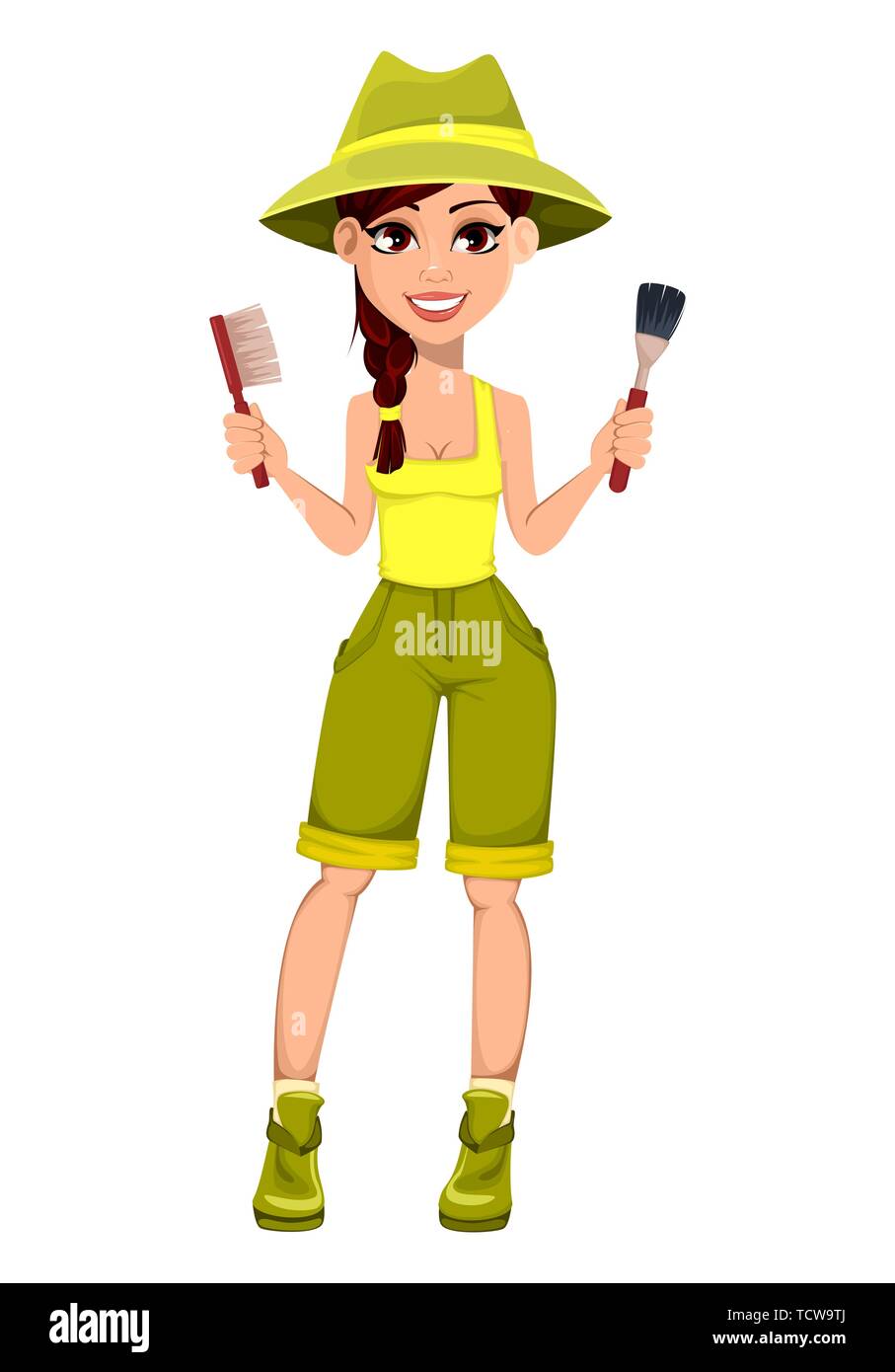 Beautiful woman archaeologist. Cute cartoon character paleontologist ...