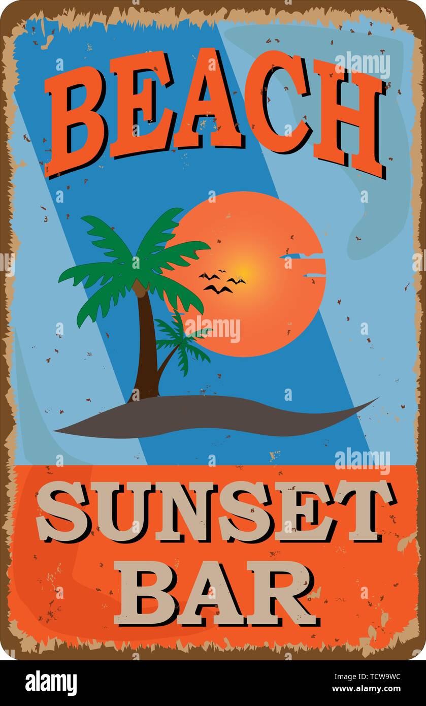 Beach bar retro damaged rusty sign board. Vintage advertisement for ...
