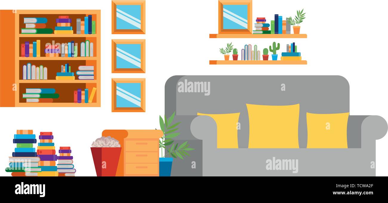 living room with couch and stack of books Stock Vector Image & Art - Alamy