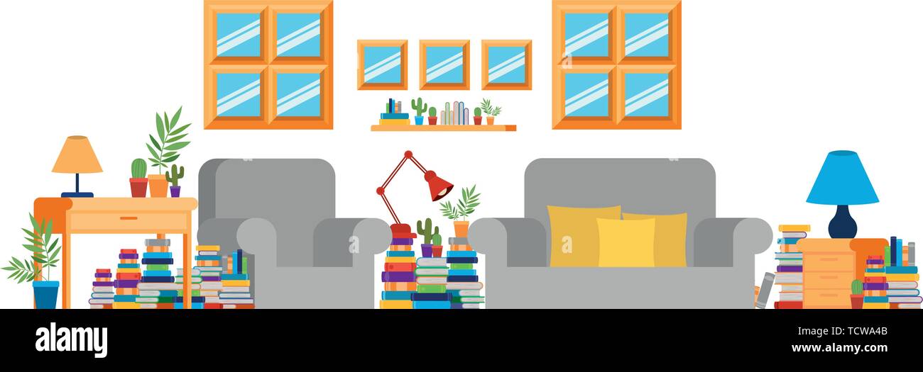 living room with couch and stack of books Stock Vector Image & Art - Alamy