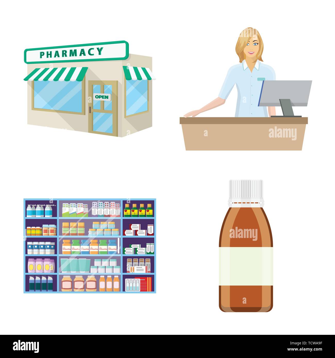 Vector illustration of pharmacy and pharmaceutical sign. Set of ...