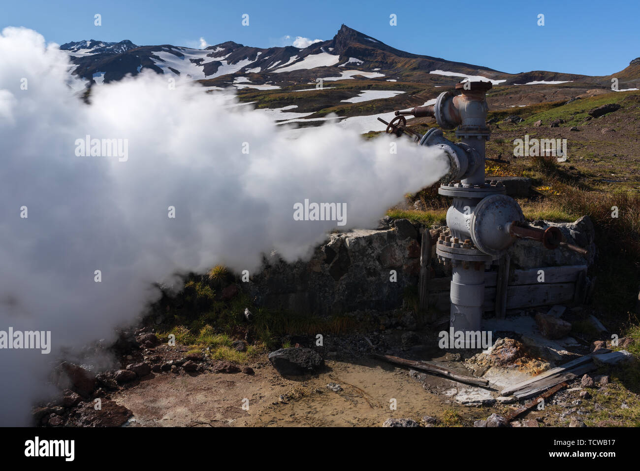 Emission of mineral thermal steam-water mixture from geological well in ...