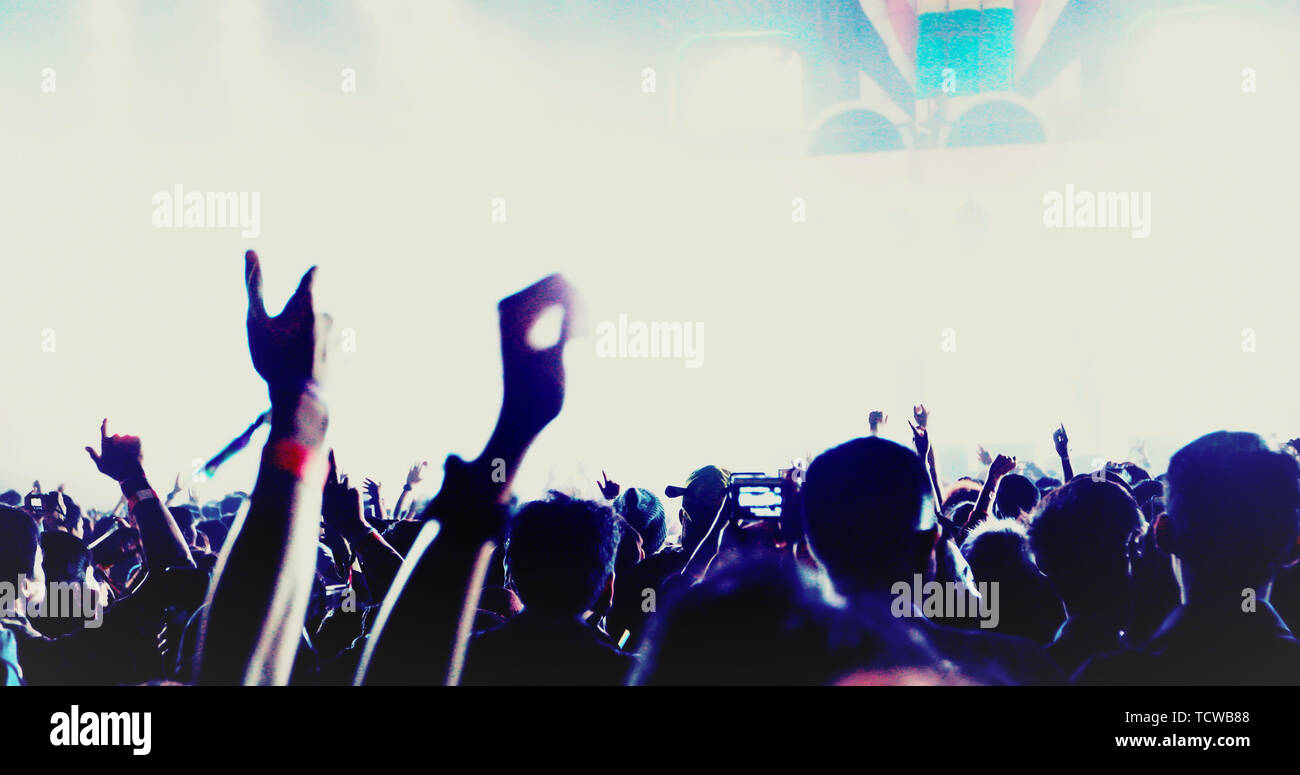 silhouettes of concert crowd at Rear view of festival crowd raising ...