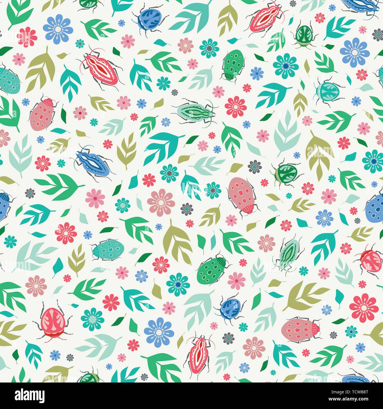 Seamless repeat pattern background of colourful beetles, leaves and ... Seamless repeat pattern background of colourful beetles, leaves and ...