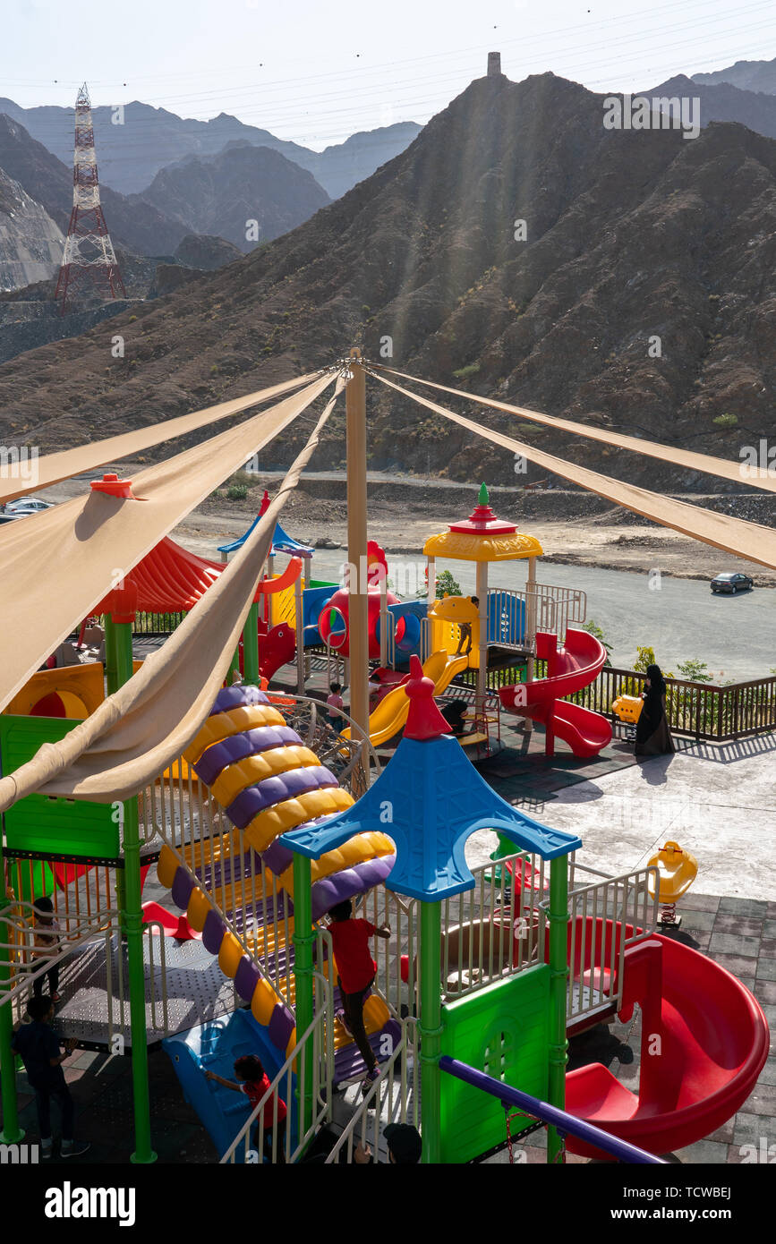 June 6, 2019 - Khor Fakkan, UAE: Kids Play area at Al Rafisha Dam, Khor ...