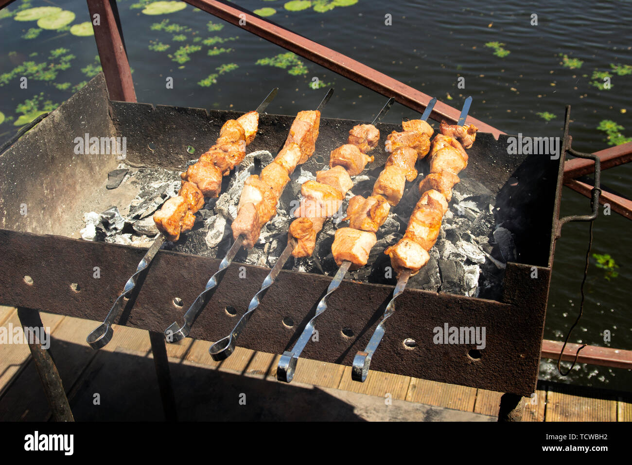 Shashlik of mutton, beef or chicken meat on barbeque outdoor Stock ...