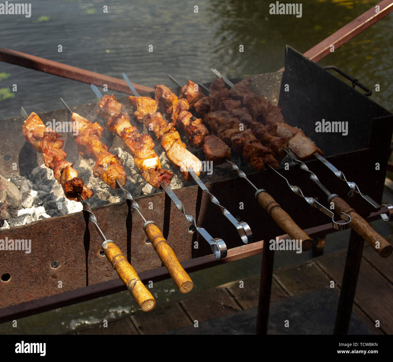 Shashlik of mutton, beef or chicken meat on the barbeque outdoor at the ...