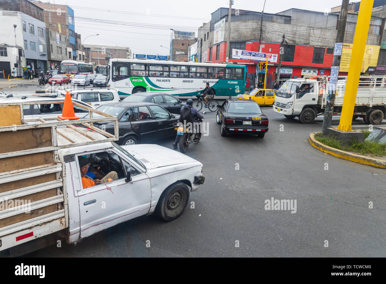 Views from a coach as it leaves the city of Lima, heavy traffic, in ...