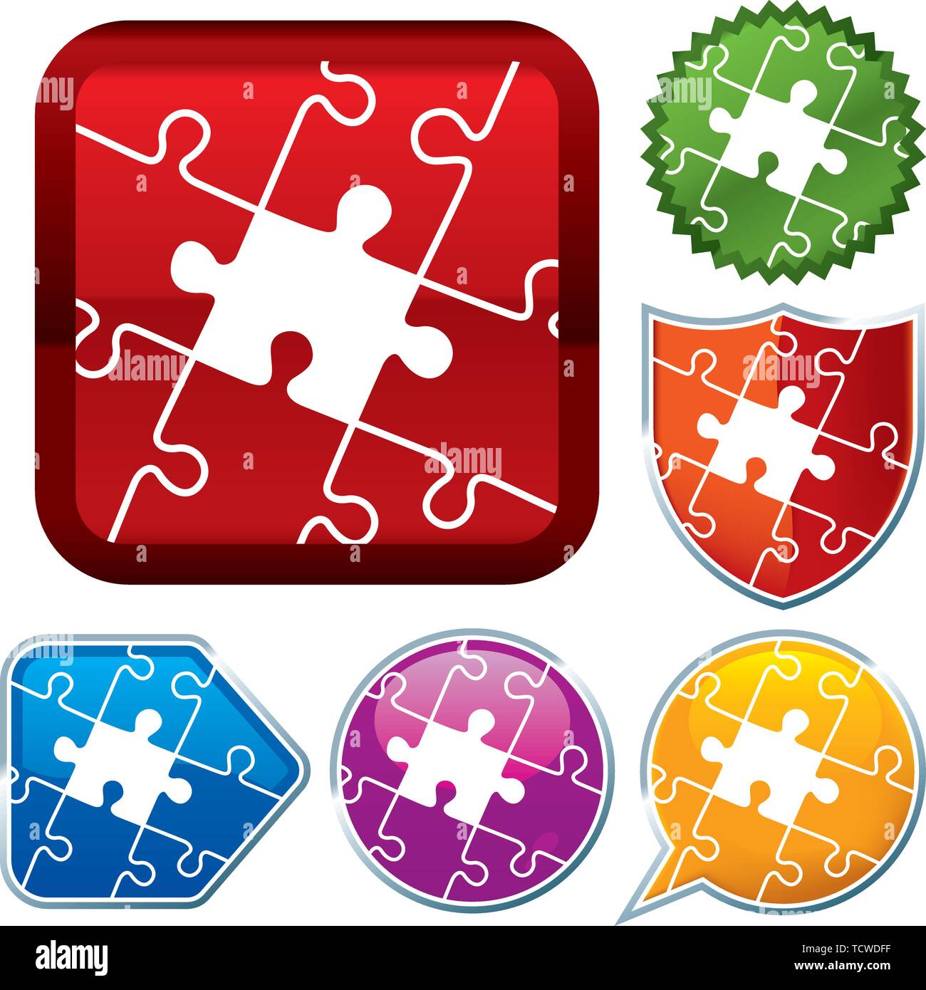 Vector illustration. Set shiny icon series on buttons. Puzzle piece ...