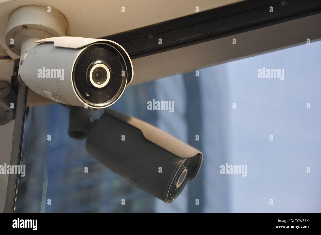 closed circuit camera Multi-angle CCTV system against the blue sky ...