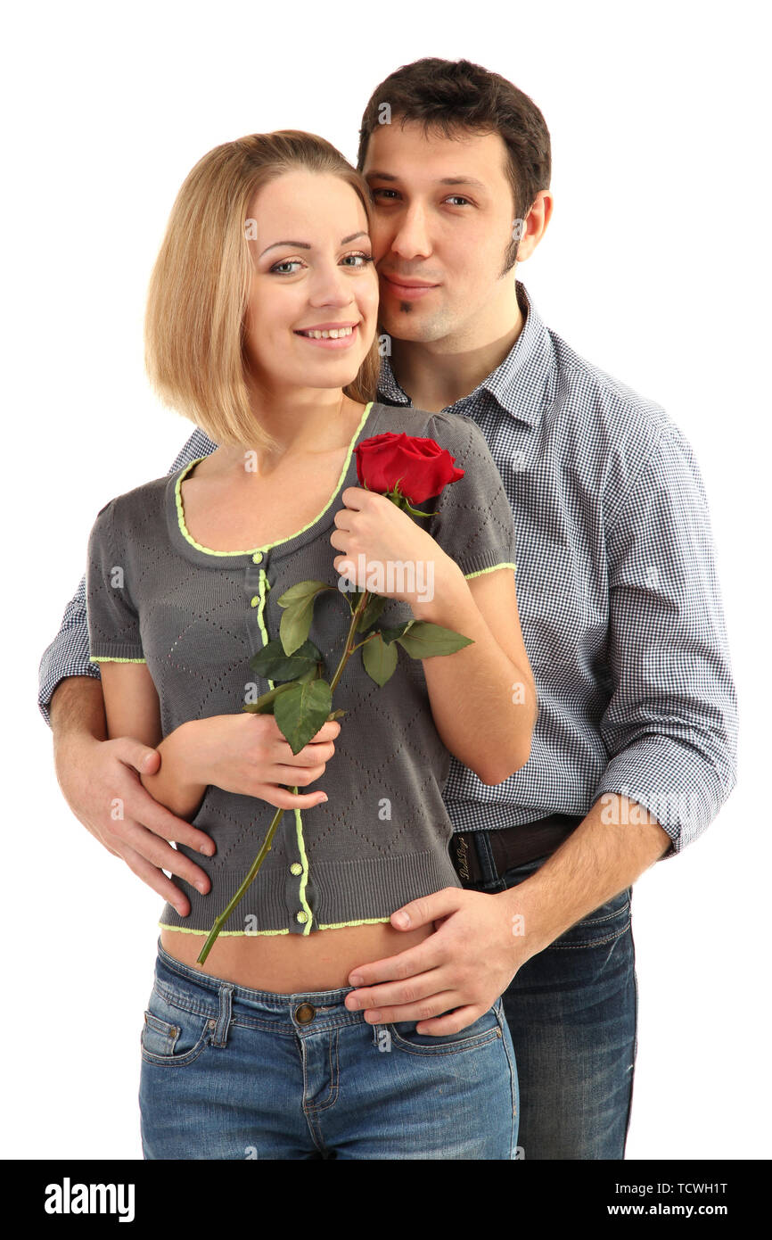 Loving couple with rose isolated on white Stock Photo - Alamy