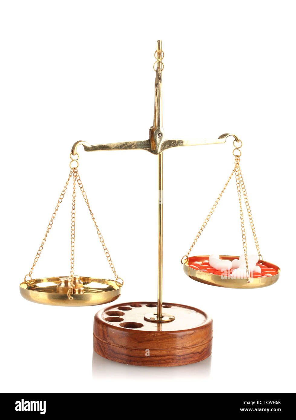 Classic scales with color pills isolated on white Stock Photo - Alamy