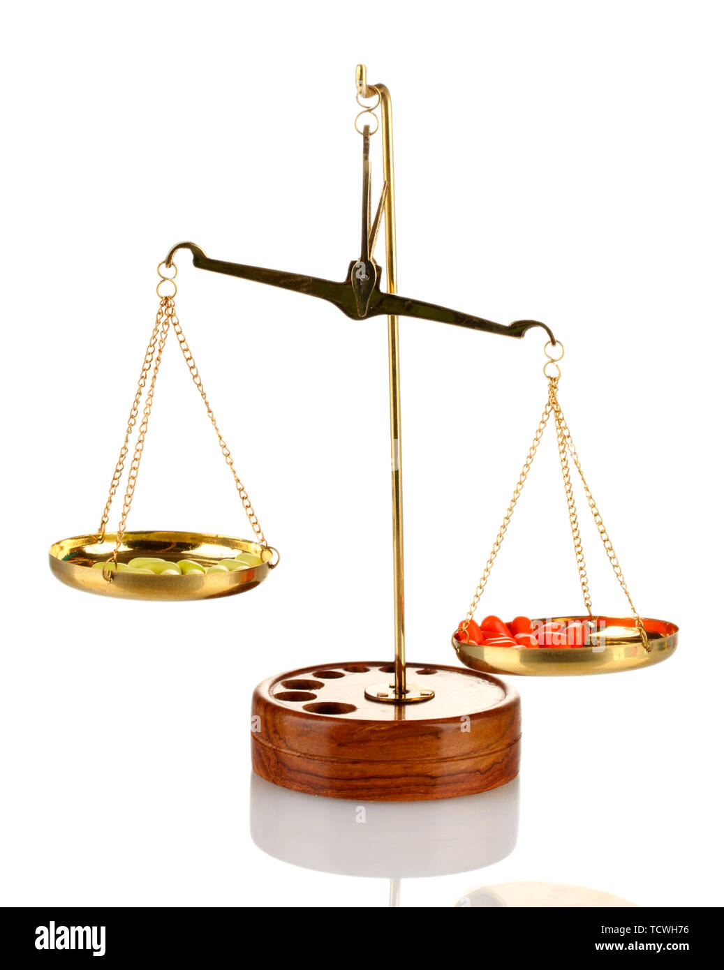 Classic scales with color pills isolated on white Stock Photo - Alamy