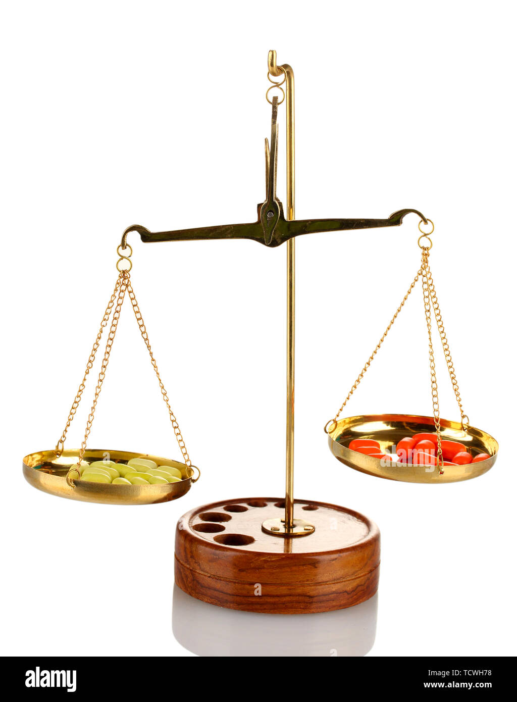 Classic scales with color pills isolated on white Stock Photo - Alamy