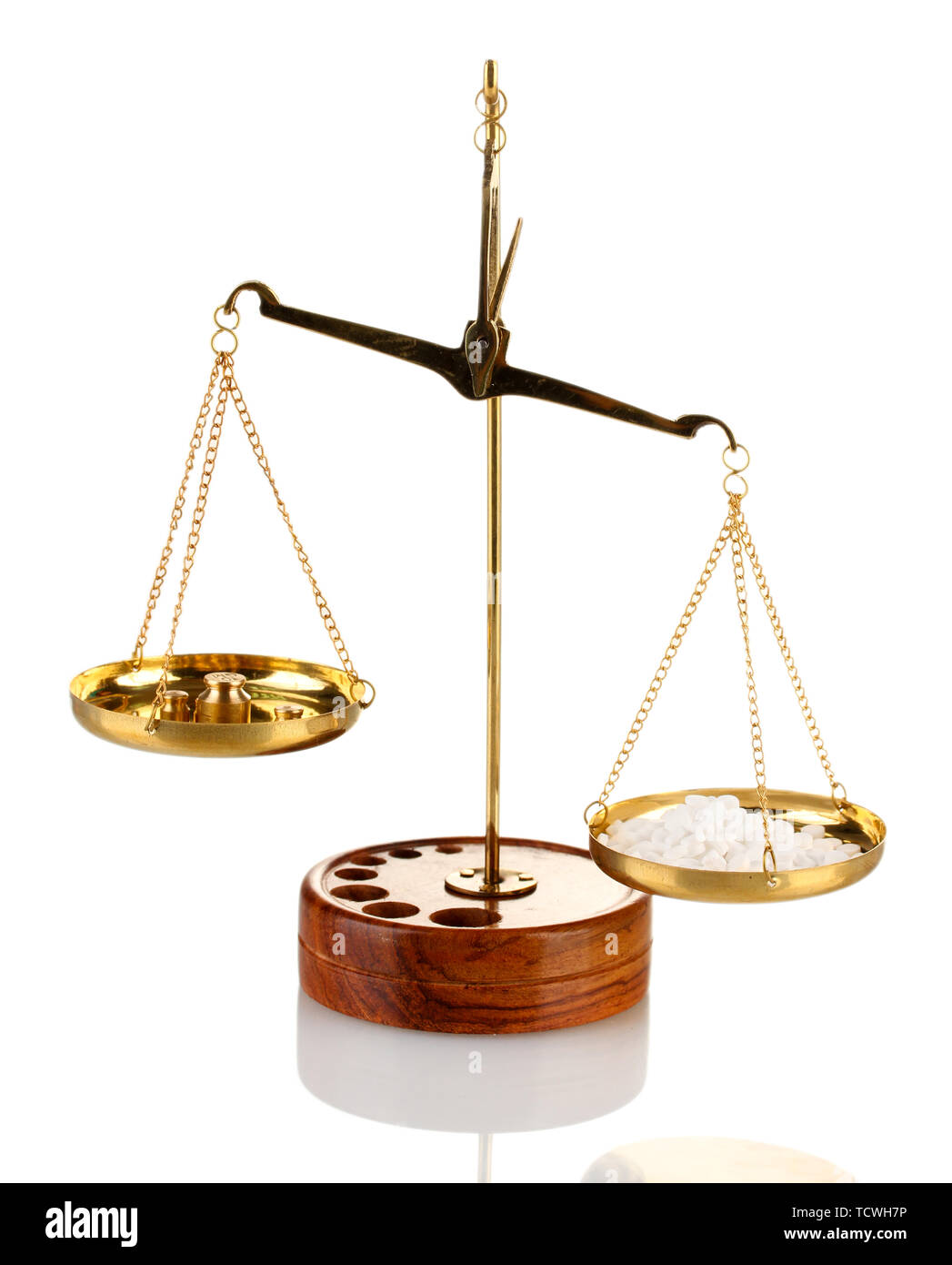 Classic scales with color pills isolated on white Stock Photo - Alamy