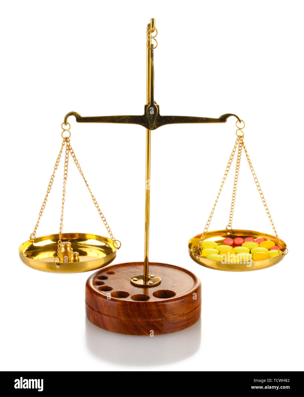 Classic scales with color pills isolated on white Stock Photo - Alamy