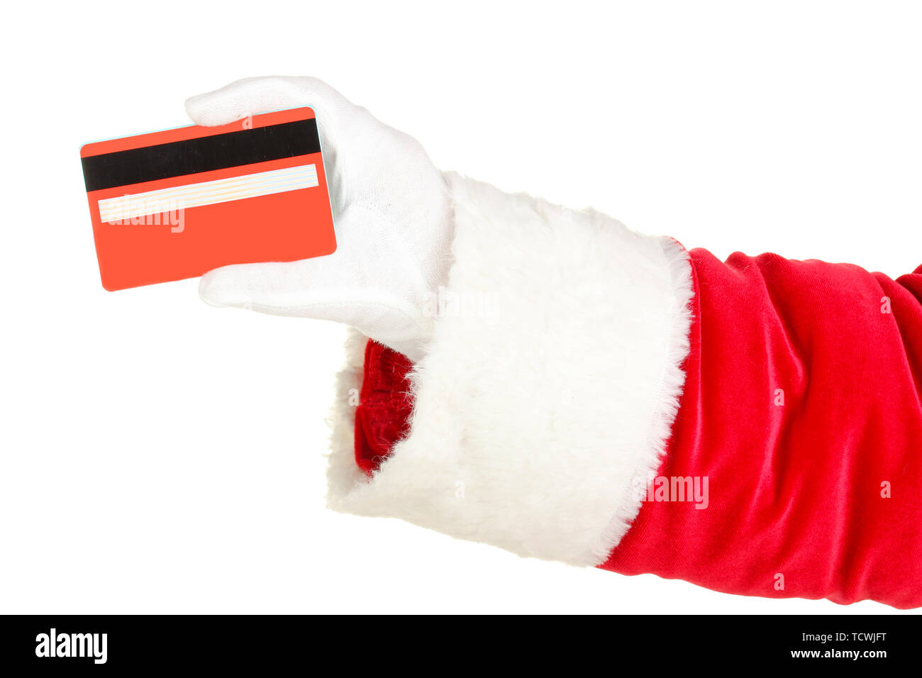 Santa Claus hand holding red credit card isolated on white Stock Photo ...