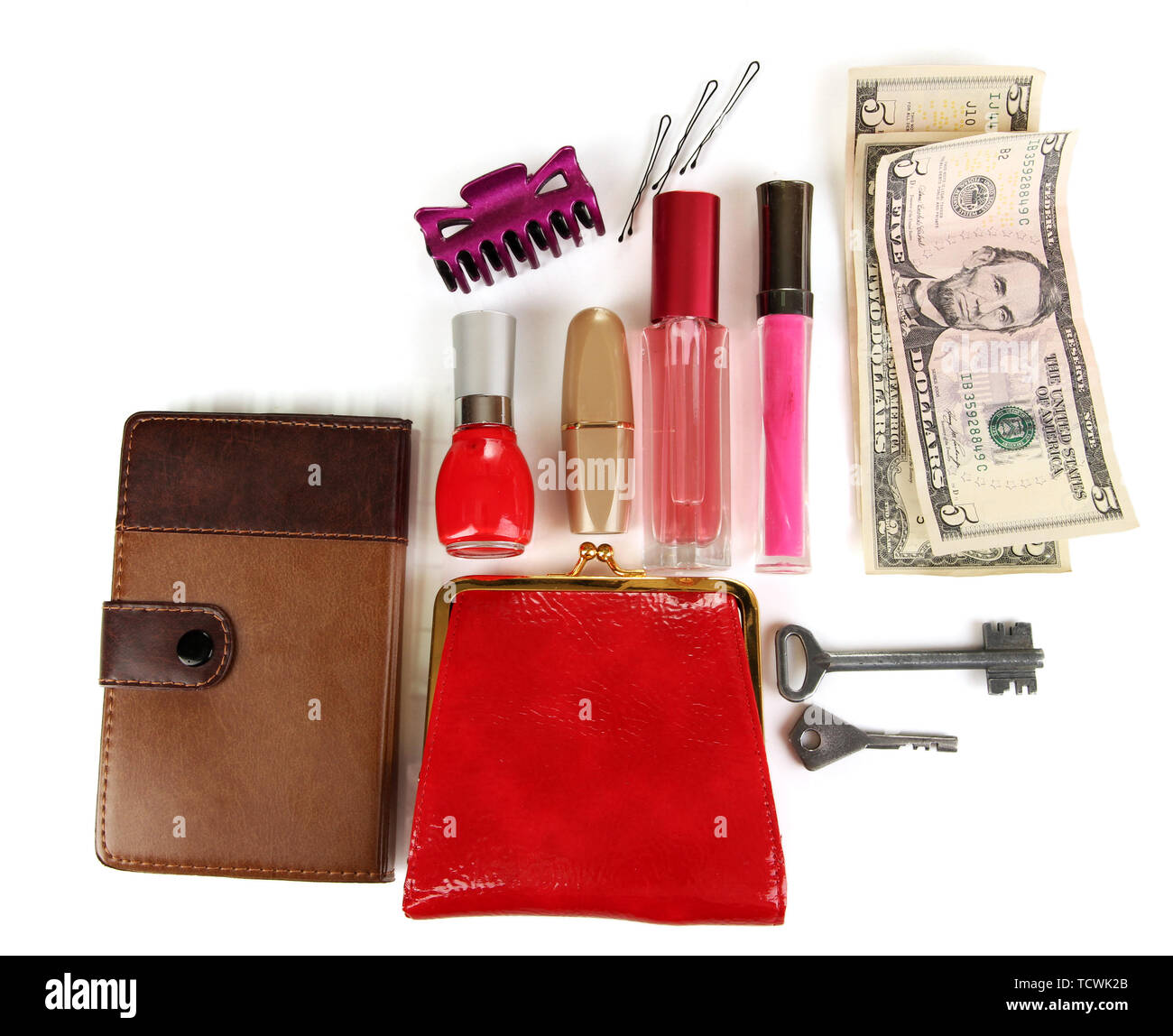 Items contained in the women's handbag isolated on white Stock Photo ...