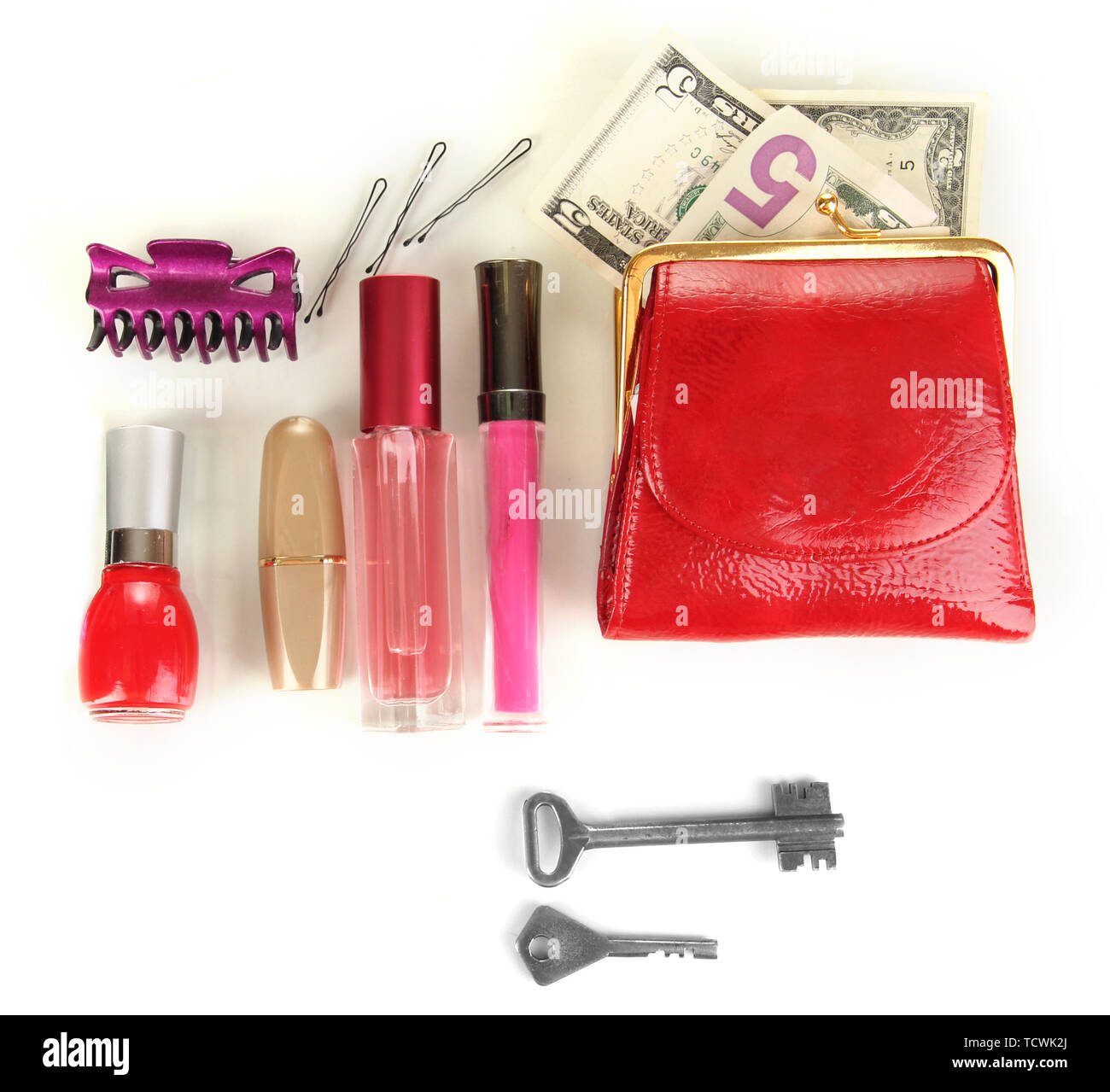 Items contained in the women's handbag isolated on white Stock Photo ...