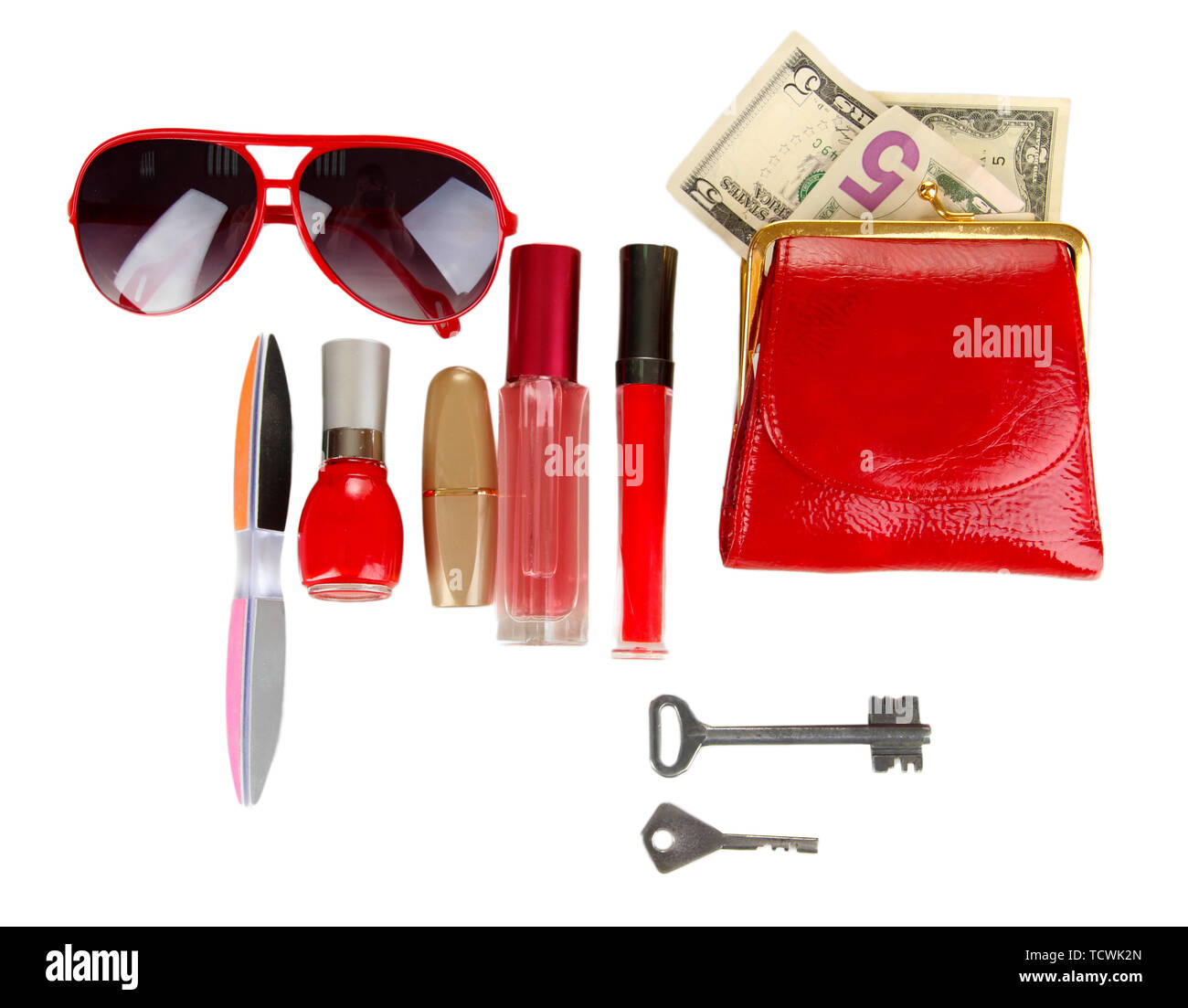 Items contained in the women's handbag isolated on white Stock Photo ...