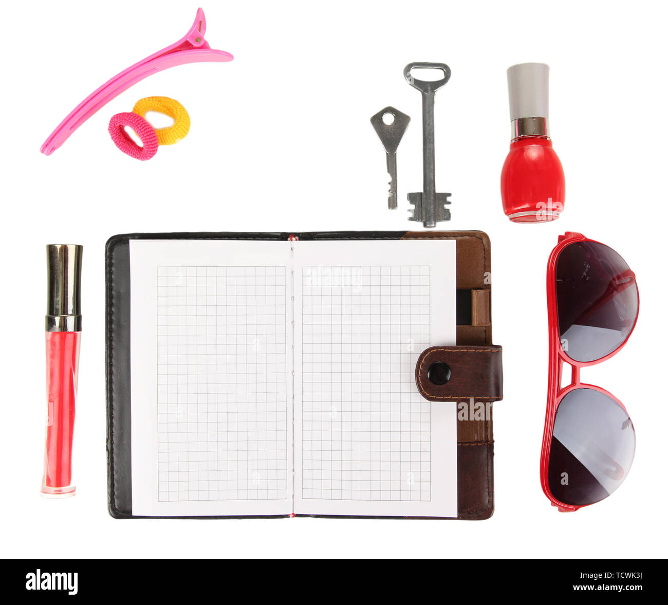 Items contained in the women's handbag isolated on white Stock Photo ...