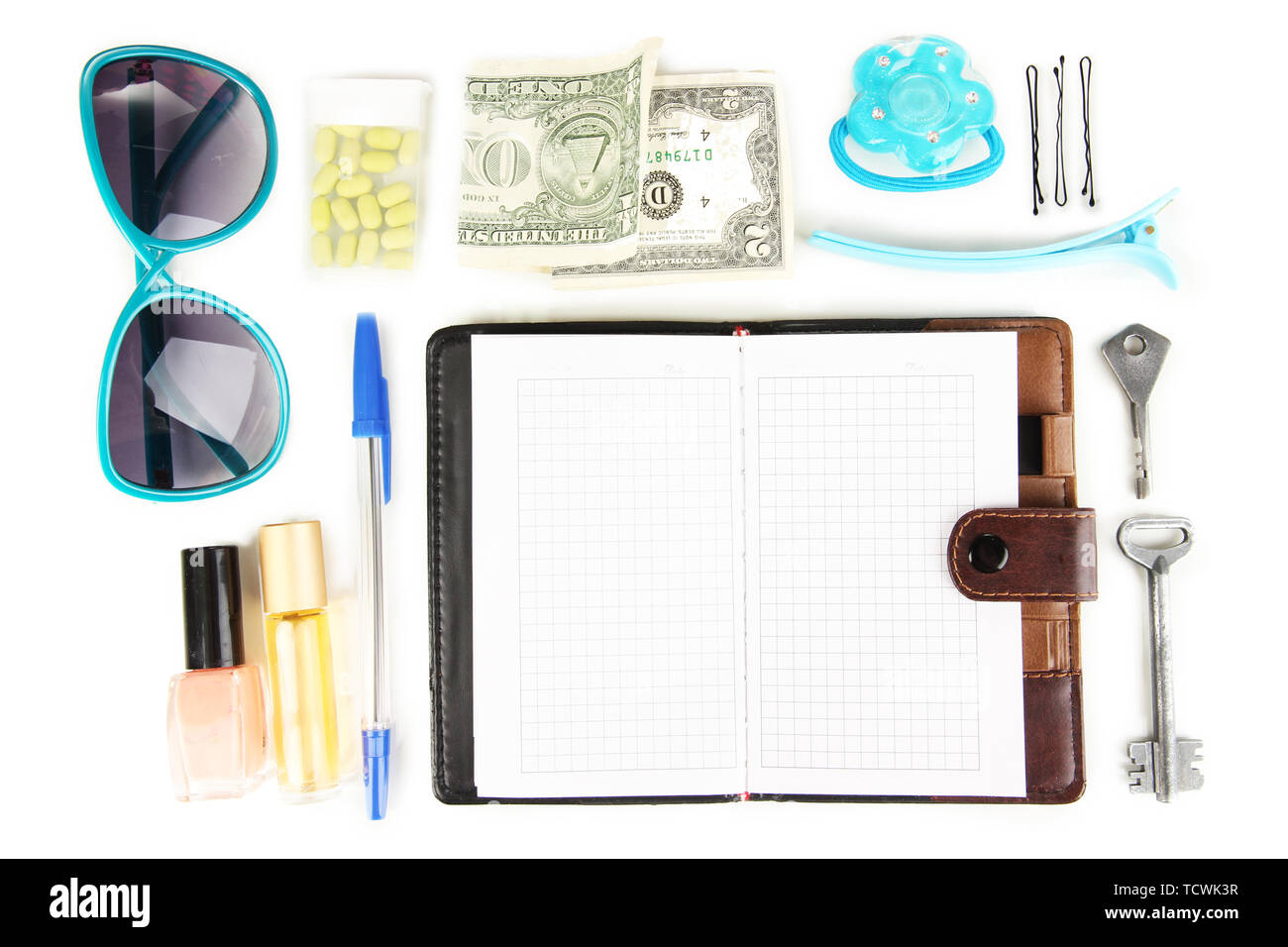 Items contained in the women's handbag isolated on white Stock Photo ...