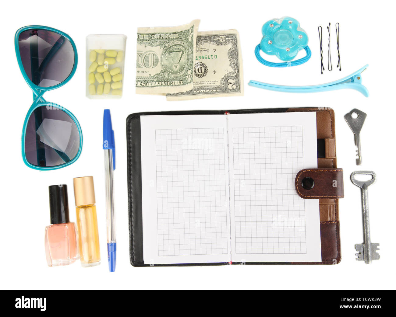 Items contained in the women's handbag isolated on white Stock Photo ...