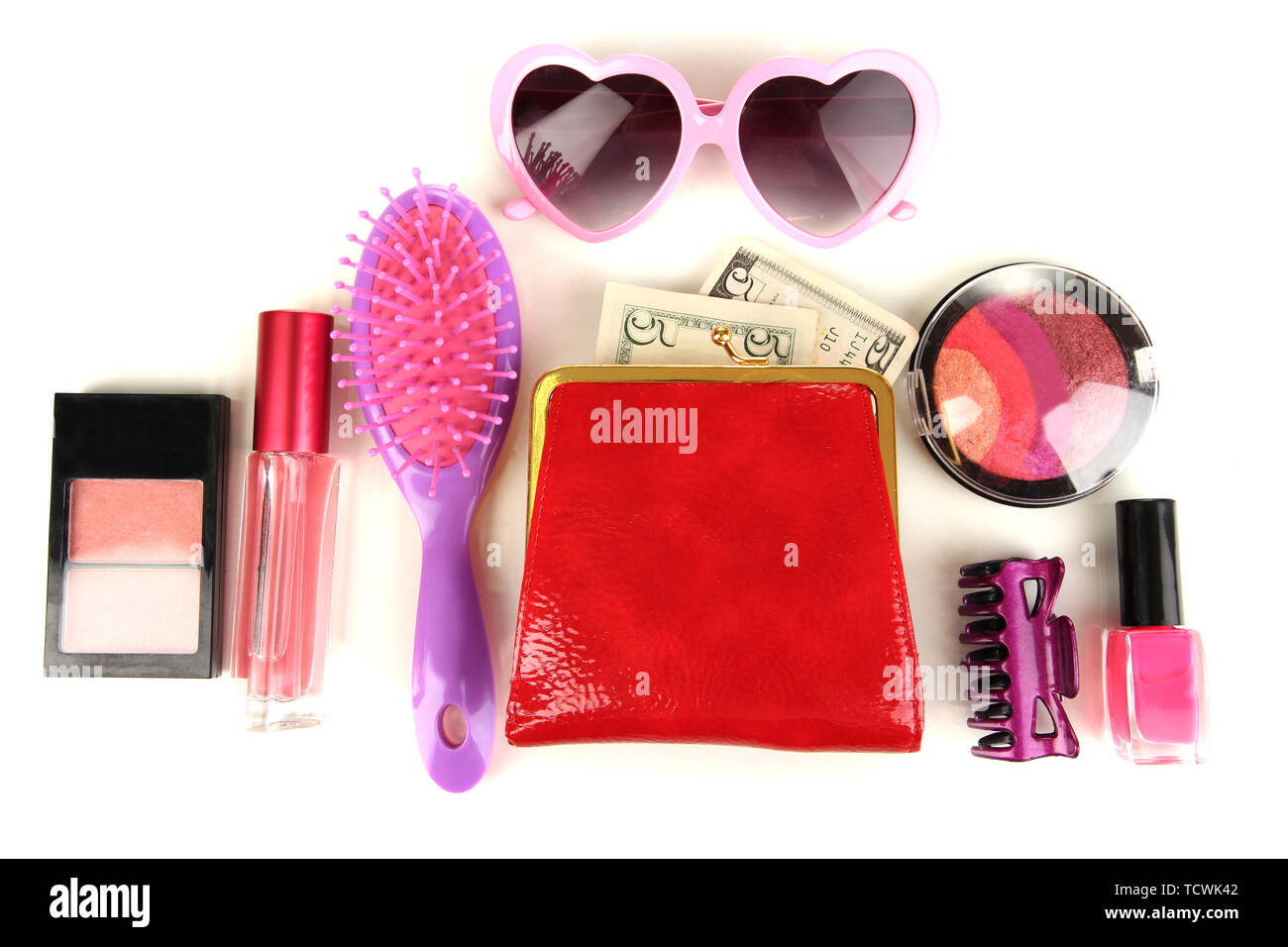 Items contained in the women's handbag isolated on white Stock Photo ...