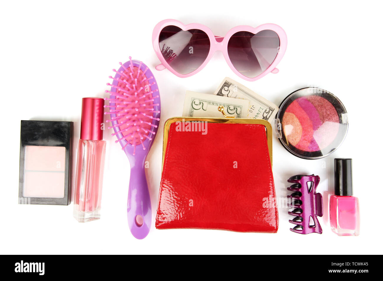 Items contained in the women's handbag isolated on white Stock Photo ...