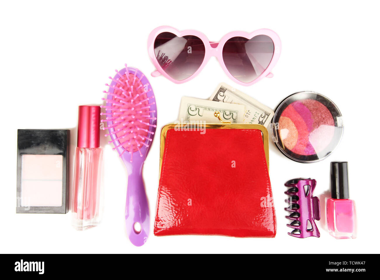 Items contained in the women's handbag isolated on white Stock Photo ...