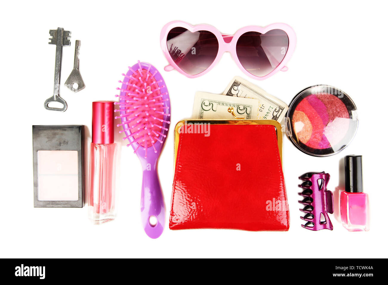 Items contained in the women's handbag isolated on white Stock Photo ...