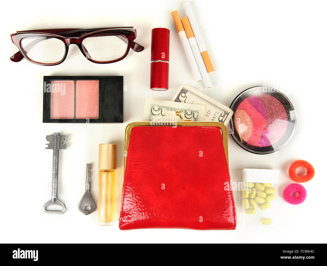 Items contained in the women's handbag isolated on white Stock Photo ...