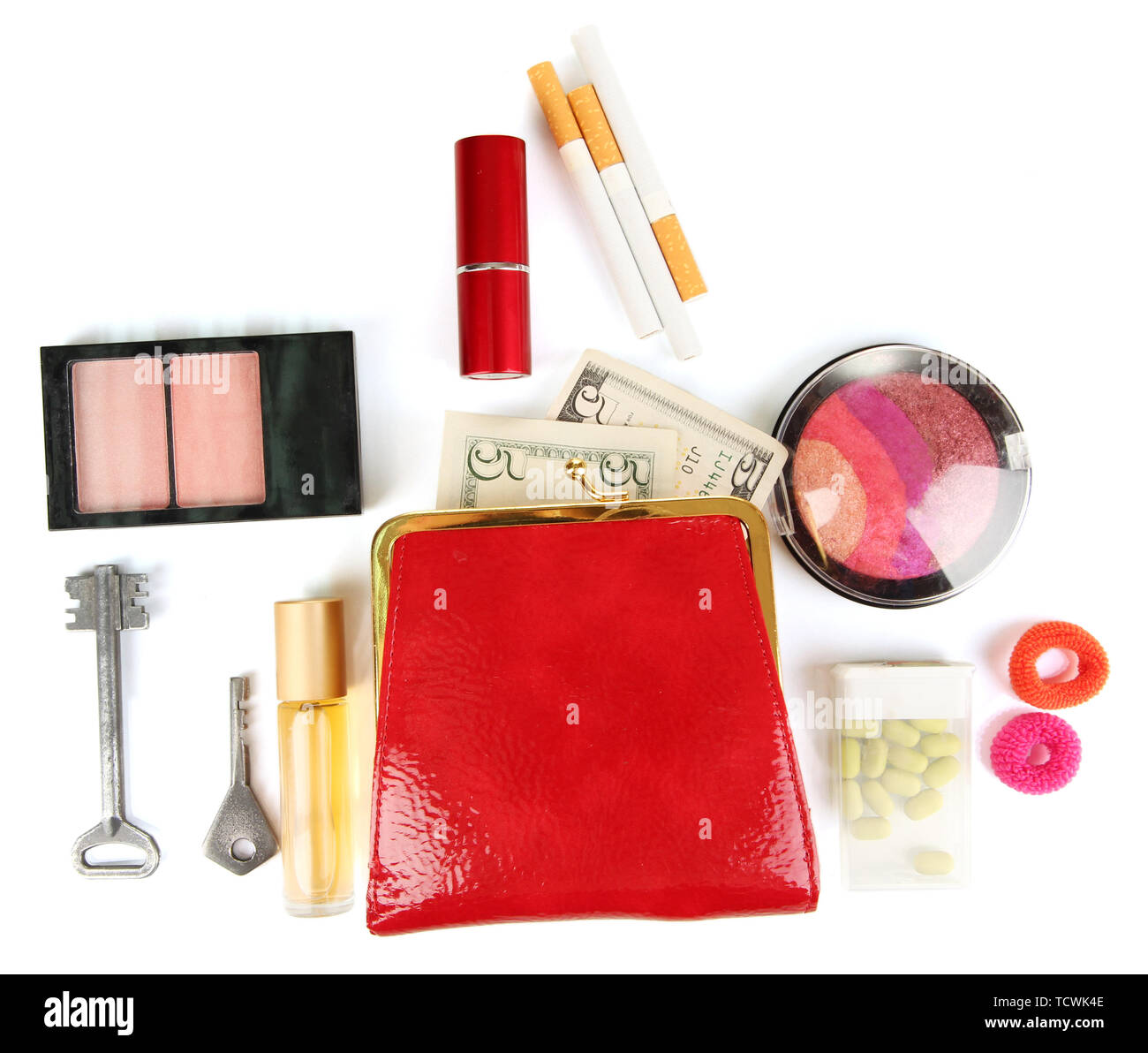 Items contained in the women's handbag isolated on white Stock Photo ...