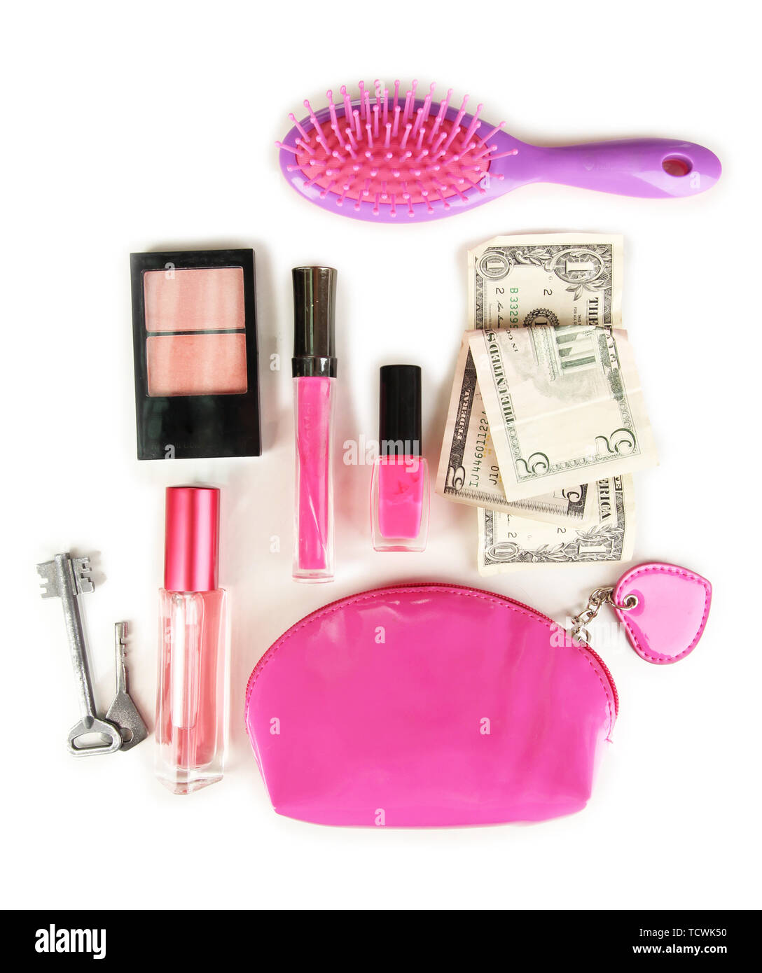 Items contained in the women's handbag isolated on white Stock Photo ...