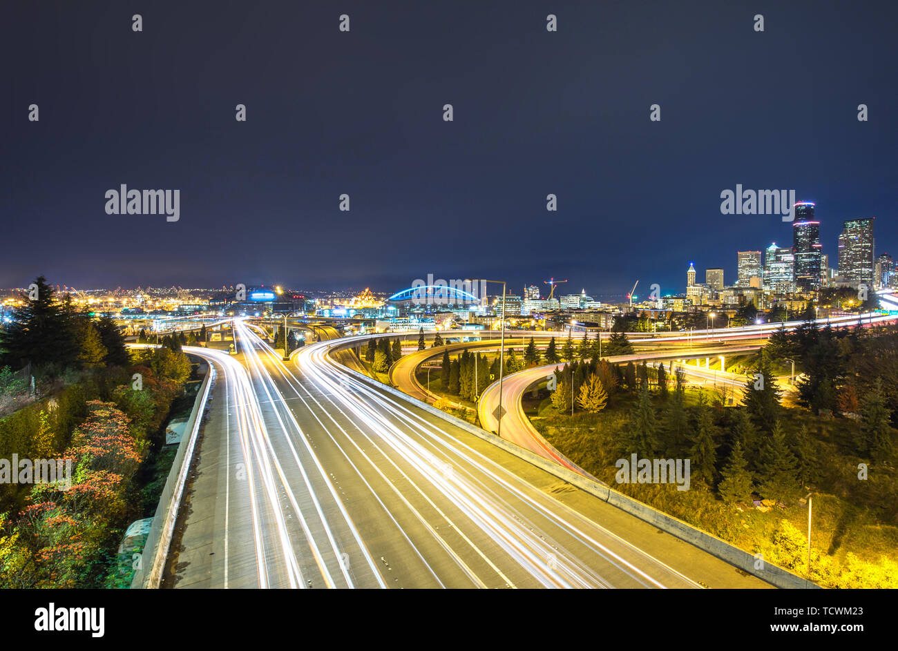 traffic on road and cityscape and skyline of seattle Stock Photo - Alamy