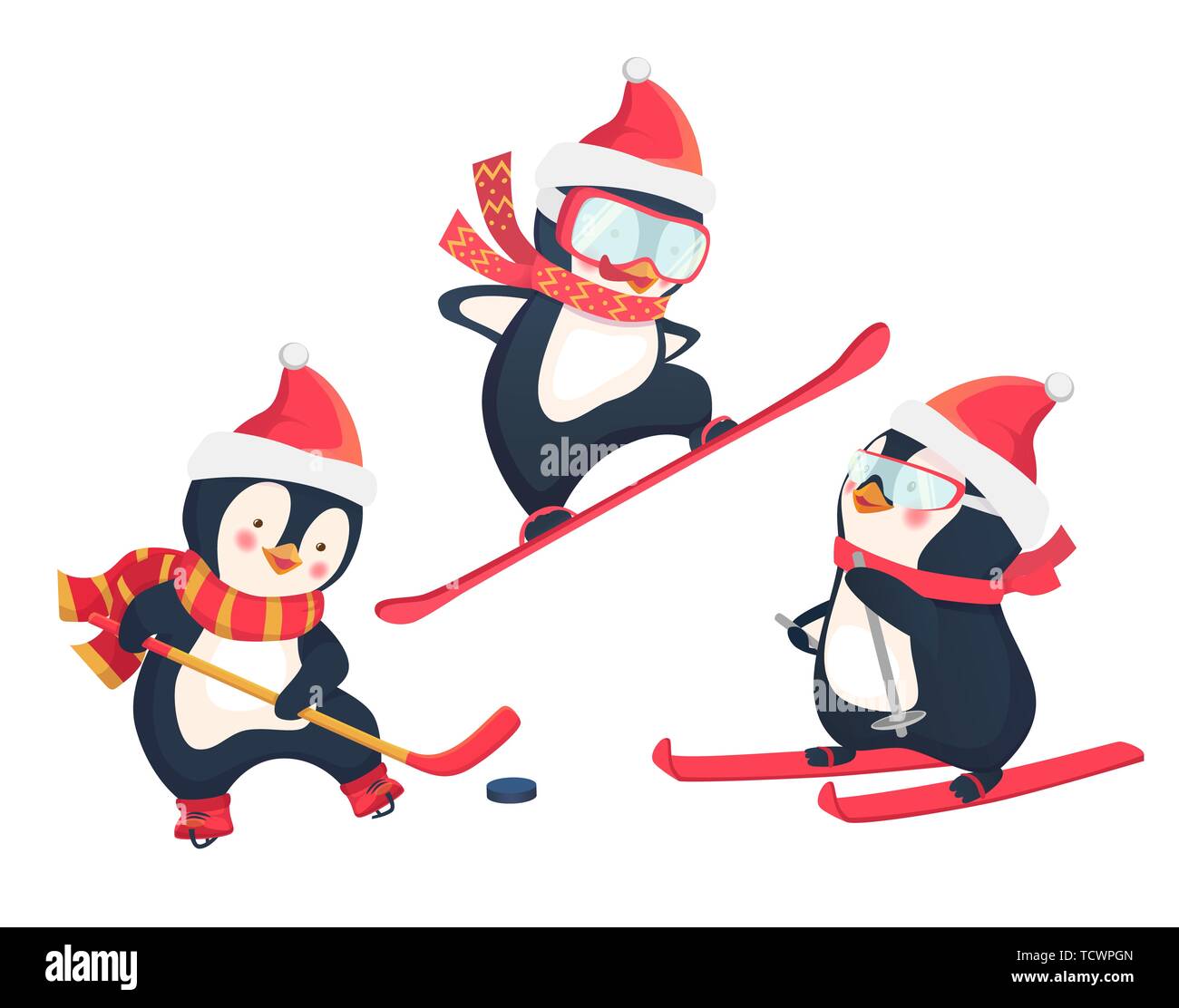 Christmas penguins in winter. Winter sports. Childrens sports concept ...