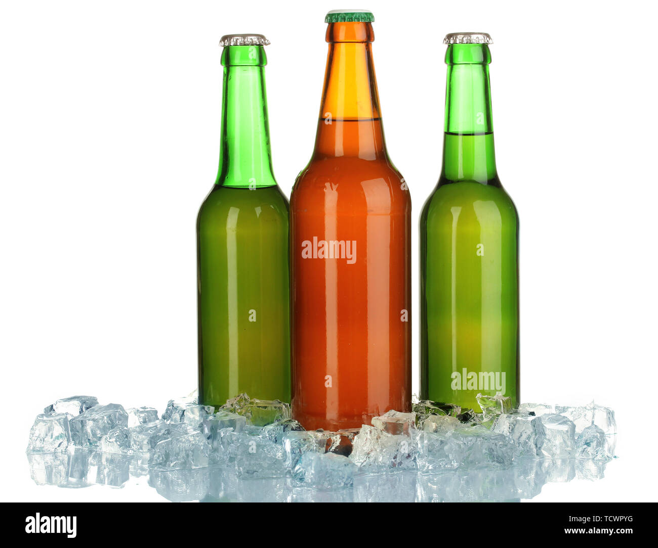 Beer bottles in ice isolated on white Stock Photo - Alamy