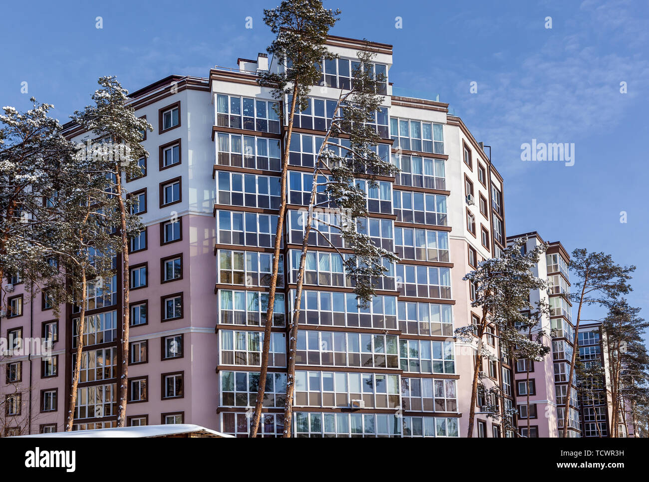 Multi-storey residential building among the snow-covered tops of pines ...