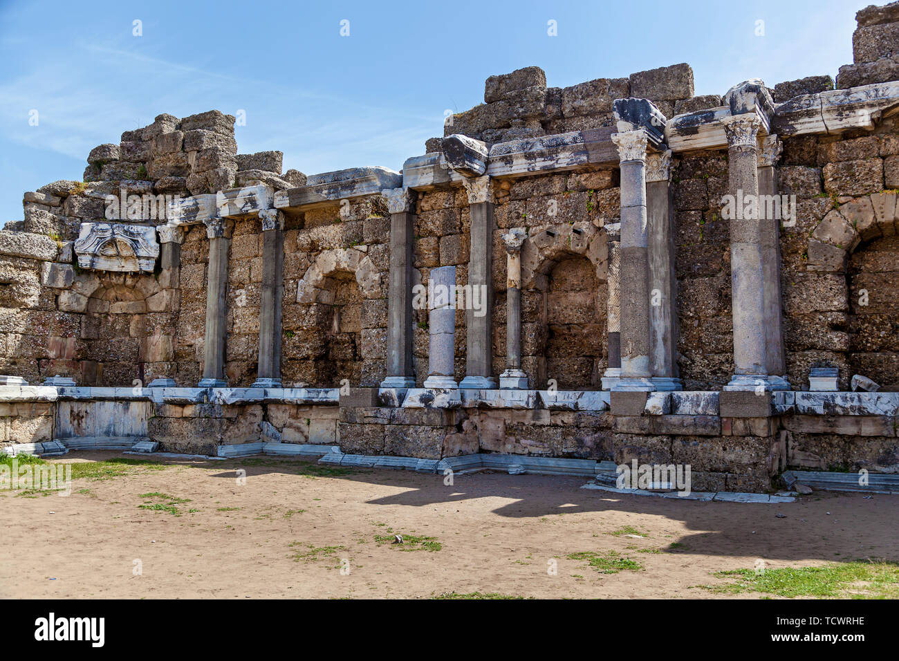 Ancient Side city agora, central hall ruins. Side, Antalya province ...