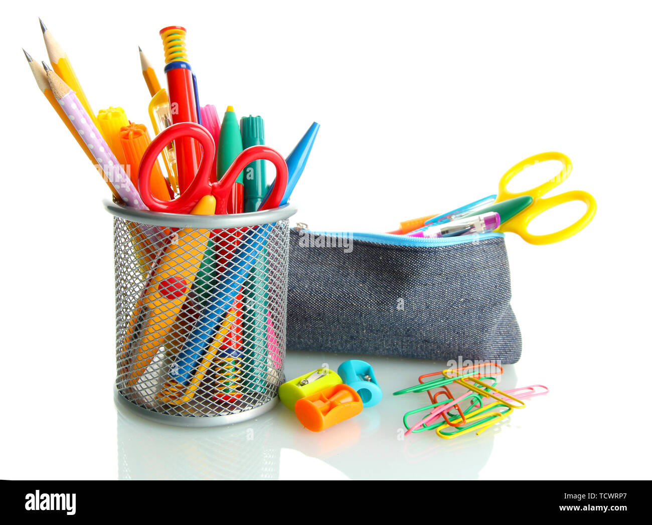 pencil box with school equipment isolated on white Stock Photo - Alamy