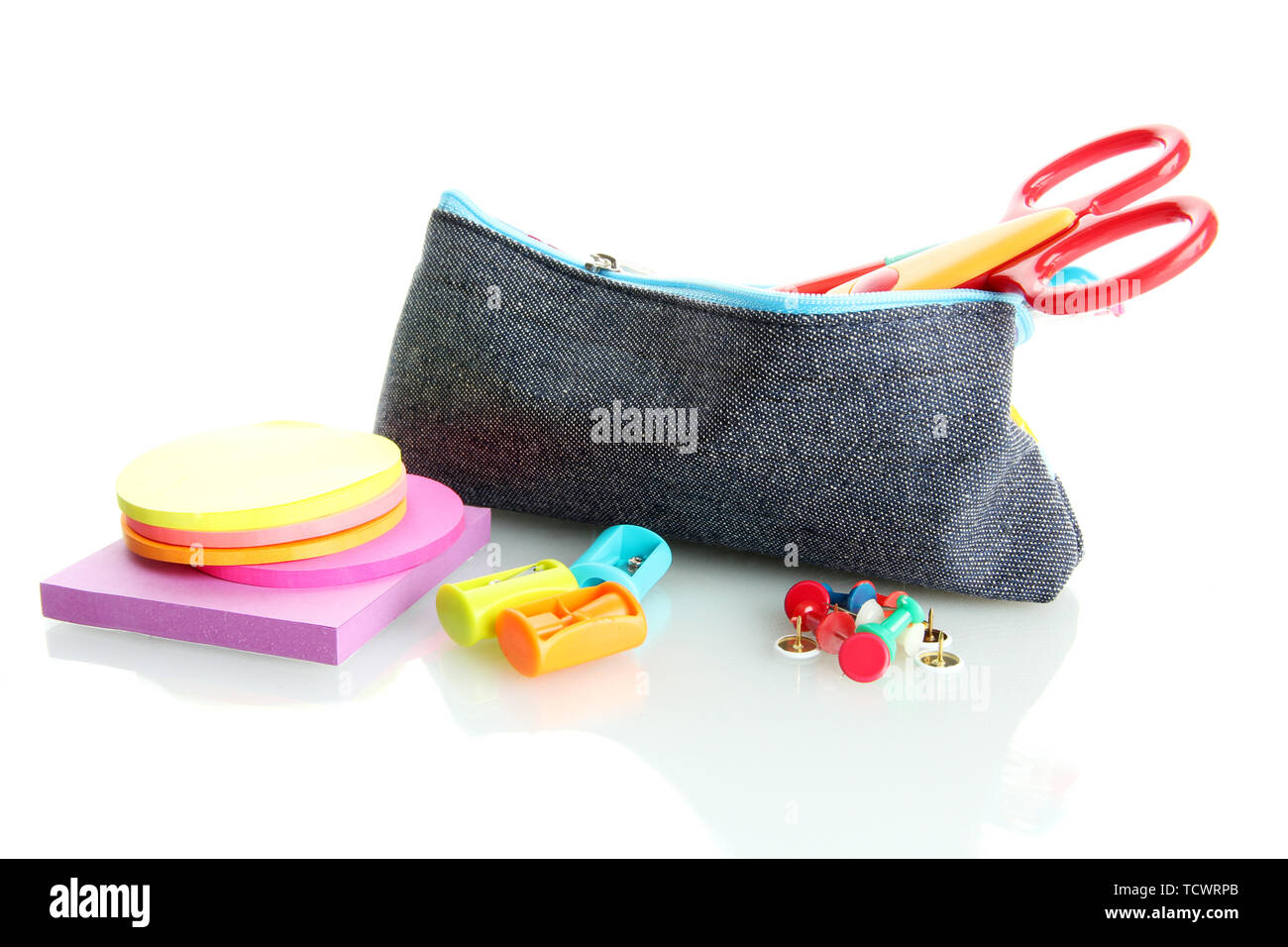 pencil box with school equipment isolated on white Stock Photo - Alamy