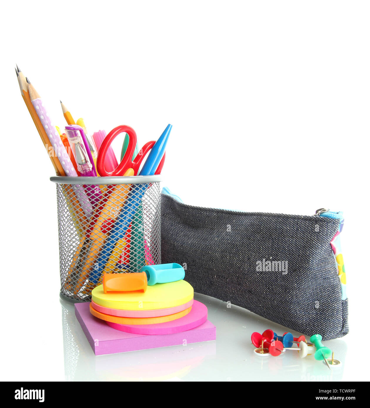 pencil box with school equipment isolated on white Stock Photo - Alamy