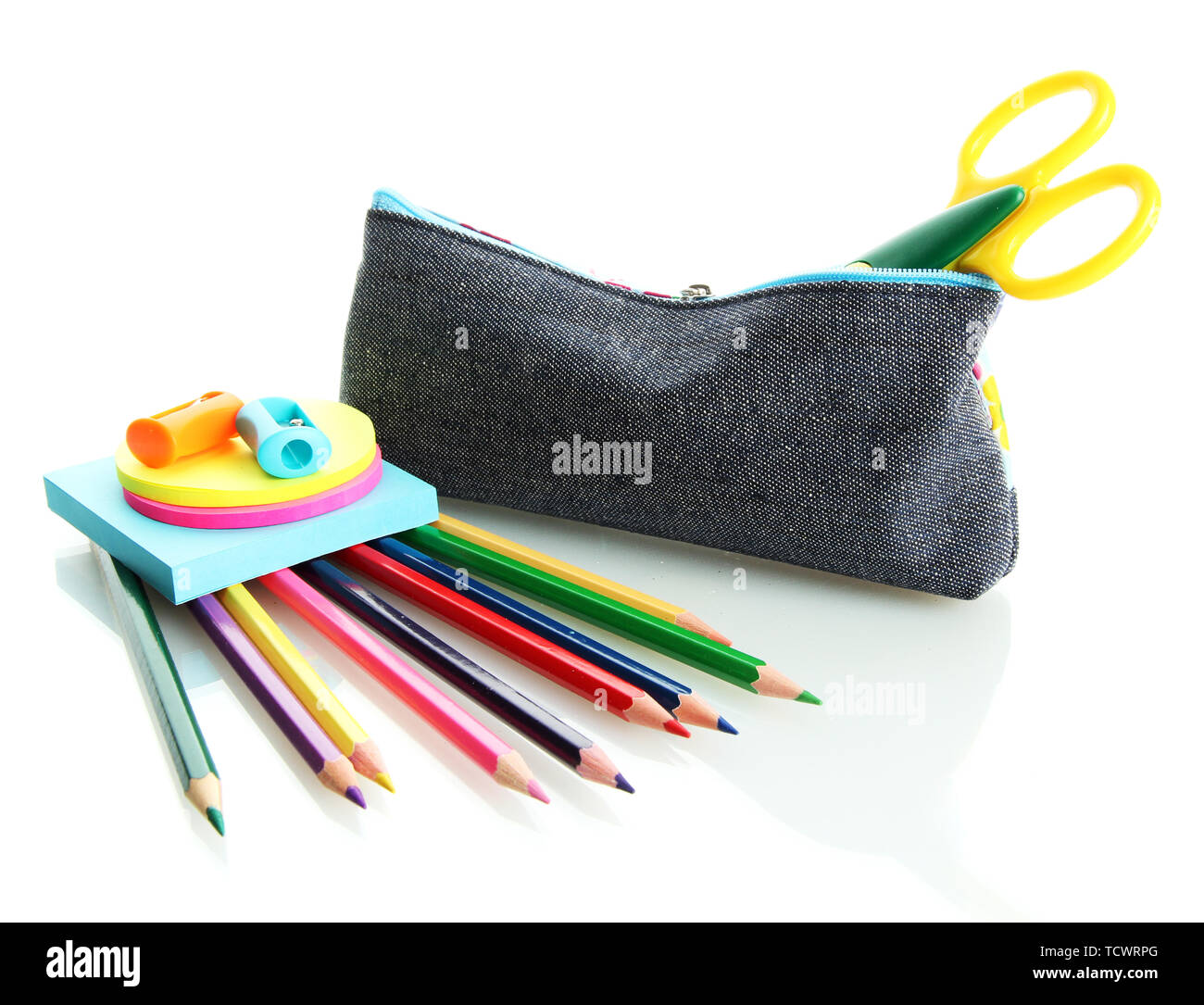 pencil box with school equipment isolated on white Stock Photo - Alamy