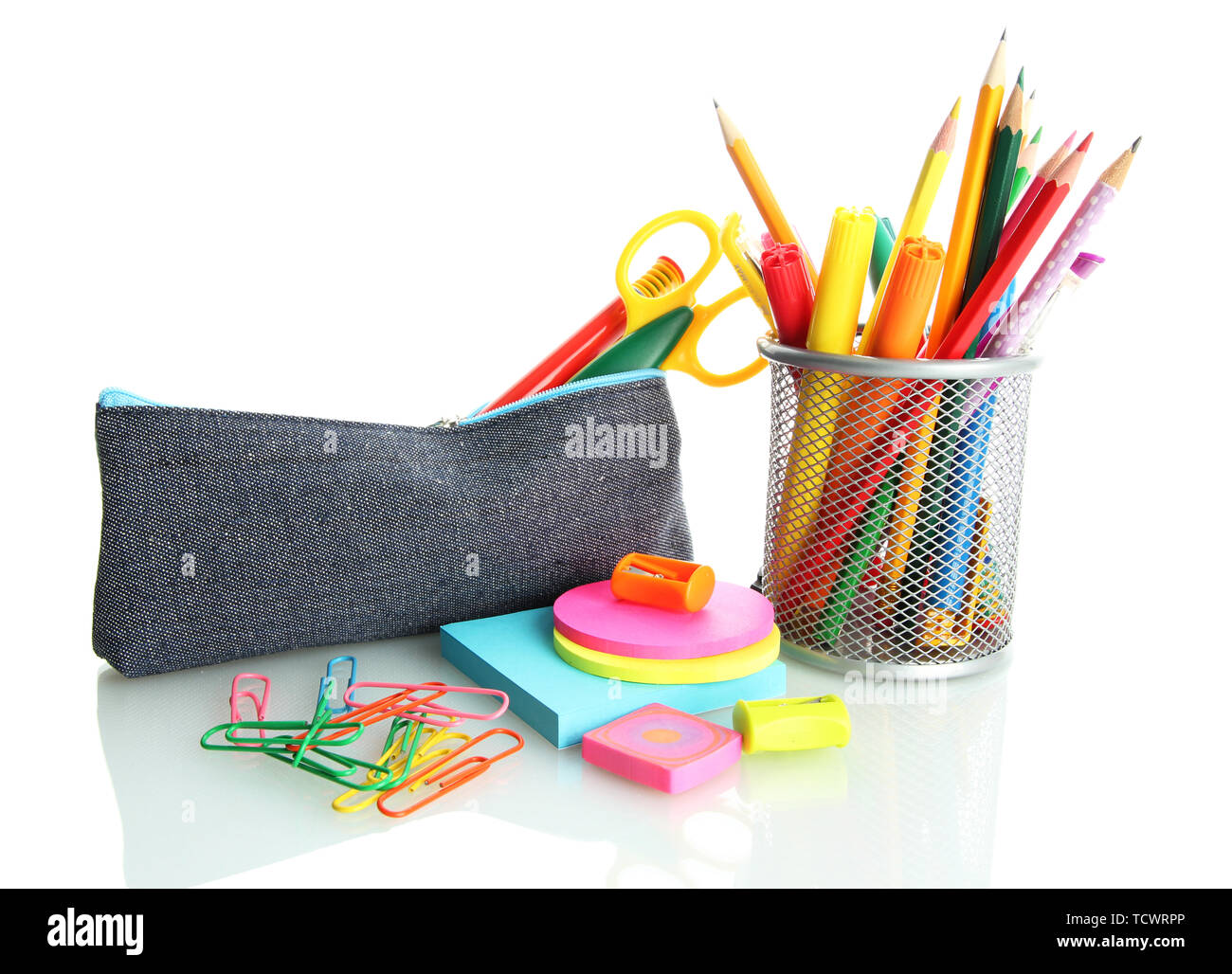 pencil box with school equipment isolated on white Stock Photo - Alamy