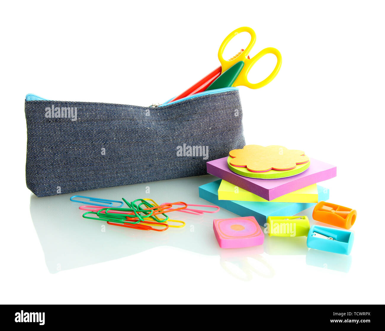 pencil box with school equipment isolated on white Stock Photo - Alamy
